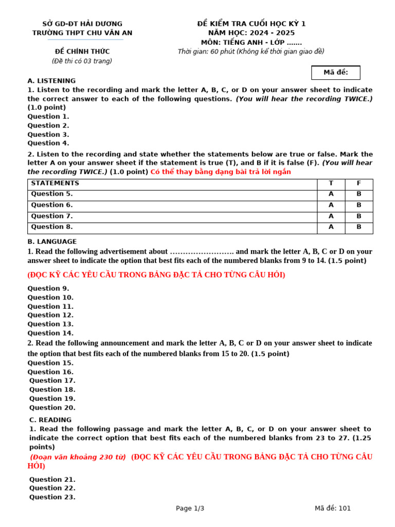 CAU TRUC DE KIEM TRA CUÔI KY 1-K12-11-10 (1) | PDF