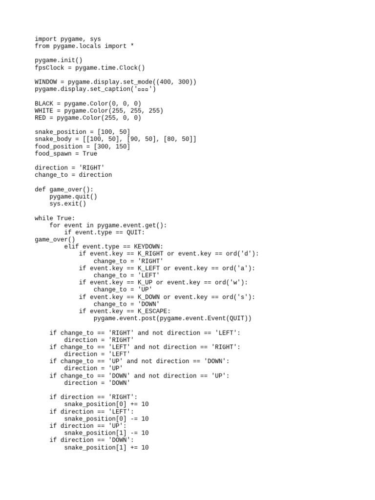 Python Snake Game with Pygame | PDF
