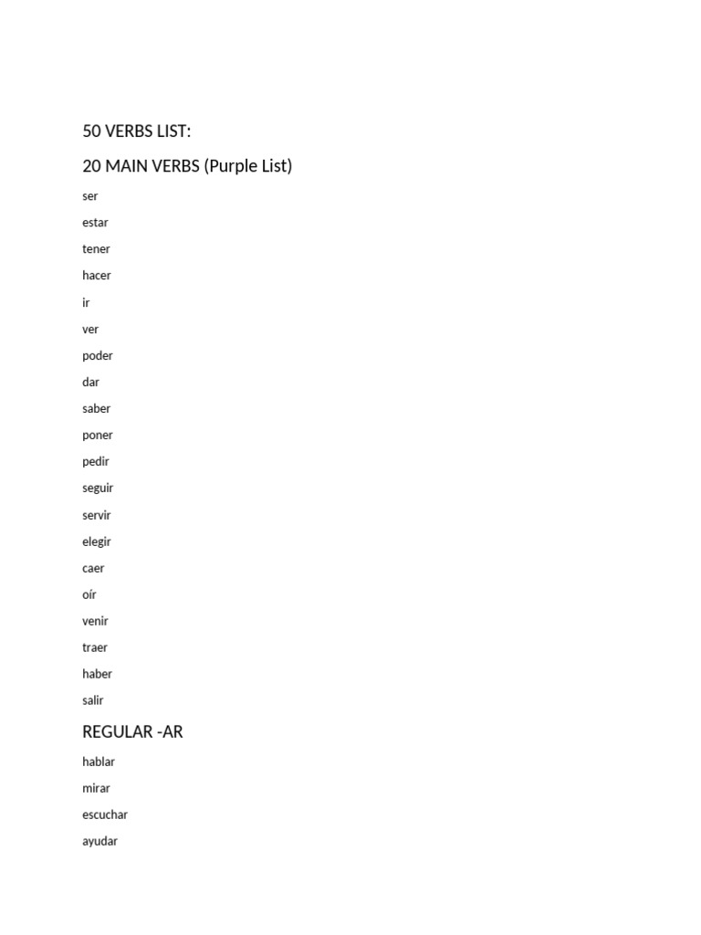 Lista de 50 Verbos en Español | PDF