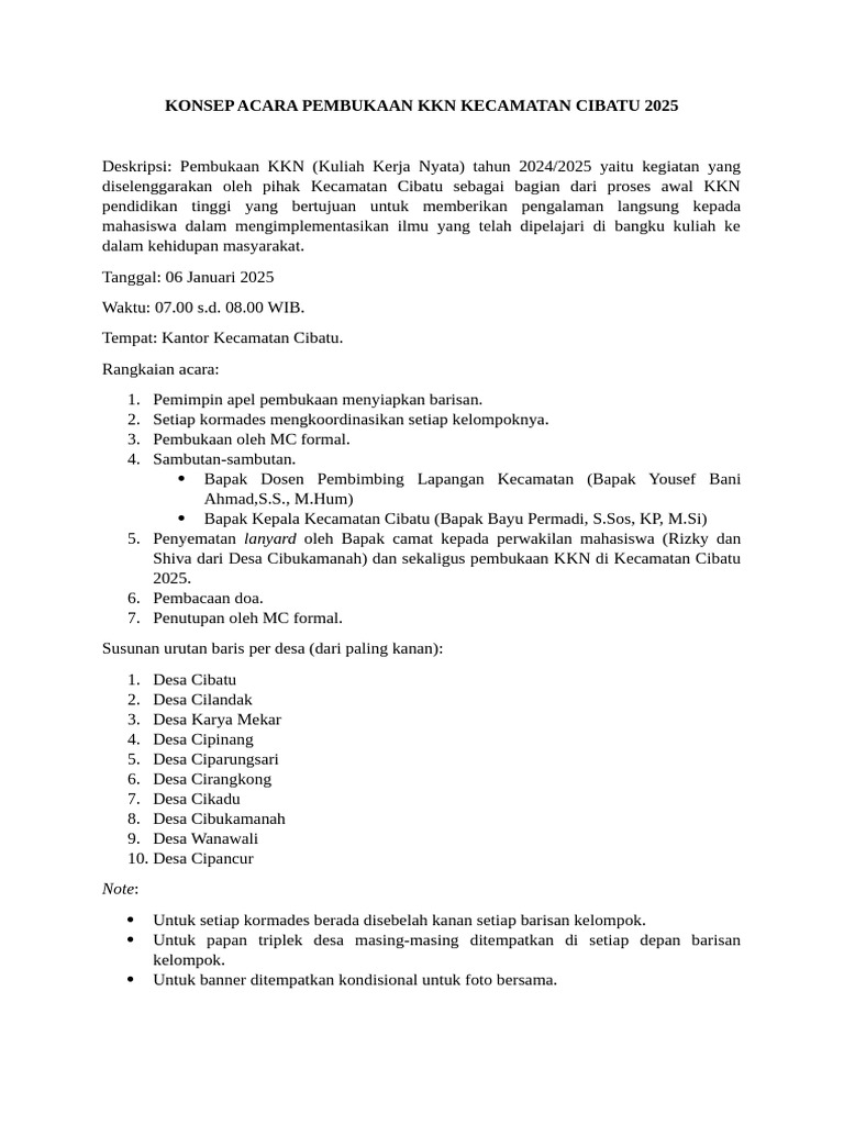 Konsep Acara Pembukaan KKN Kecamatan Cibatu | PDF