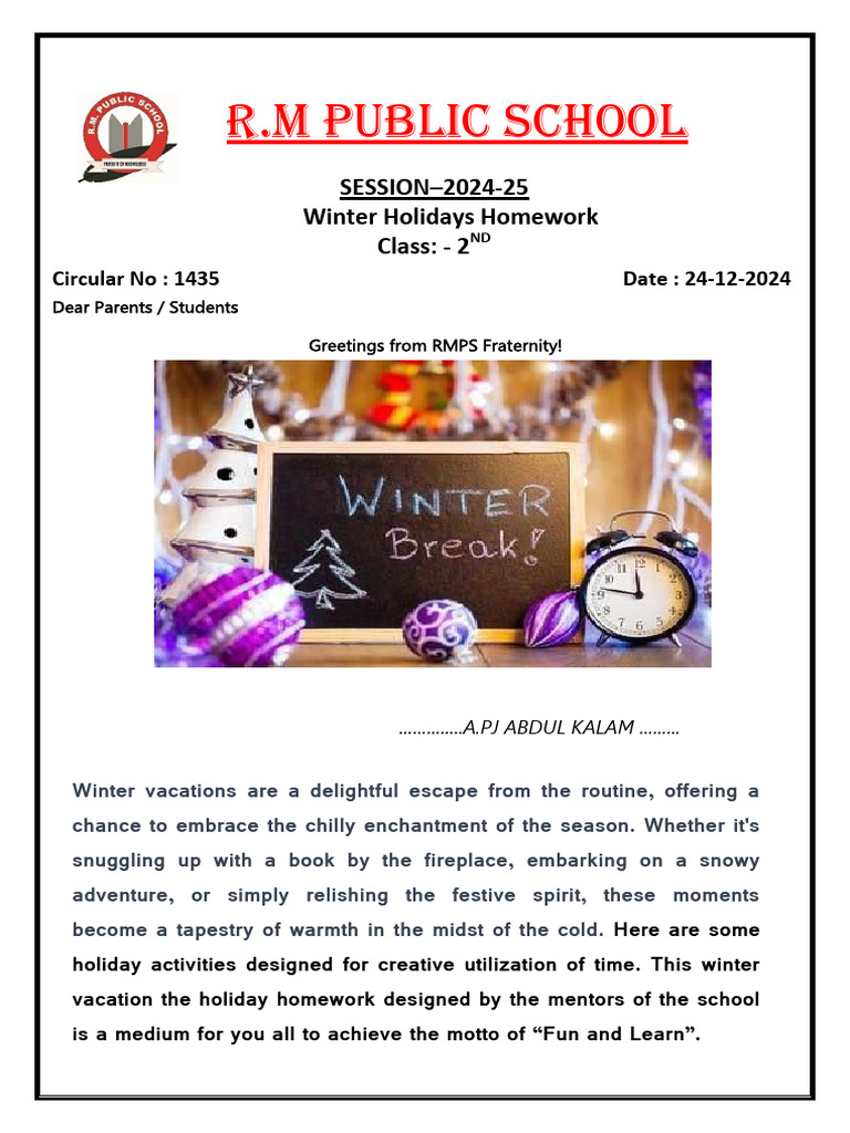 Winter Homework for Class 2 Students | PDF
