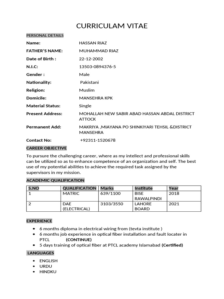 Hassan Riaz's CV and Qualifications | PDF