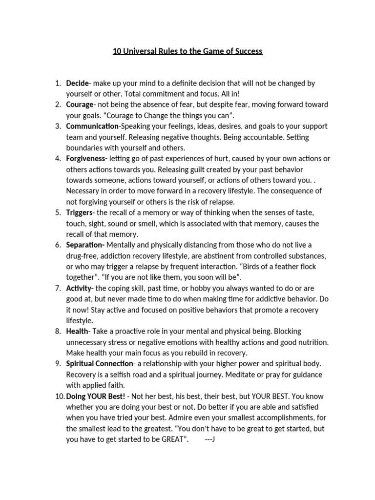 10 Rules To The Game of Addiction Recovery | PDF | Relapse | Forgiveness
