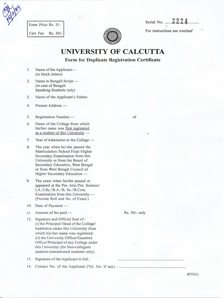 Form For Duplicate Registration Certificate (University of Calcutta ...