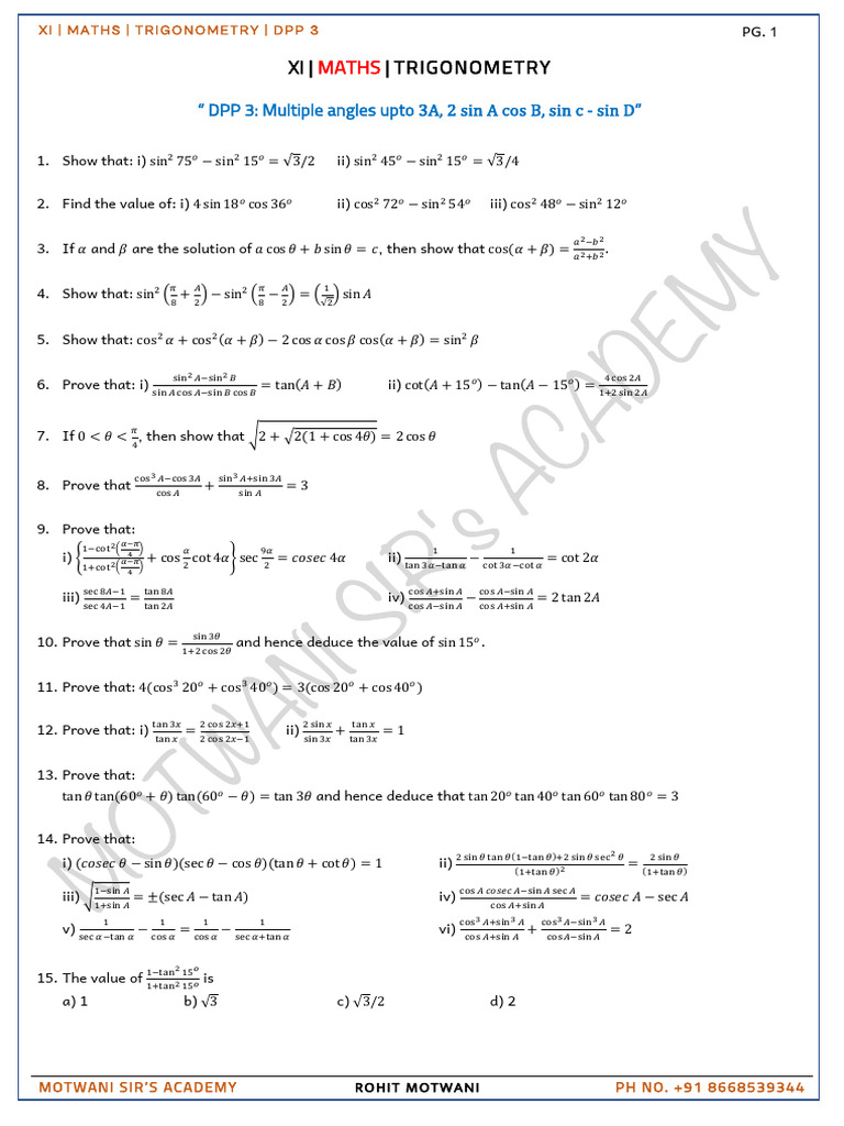 XI TRIGONOMETRY DPP 3 | PDF | Geometric Measurement | Rotation