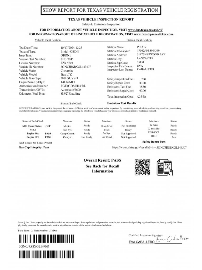 Proof of Inspection Report 2016 Chevrolet PASS | PDF
