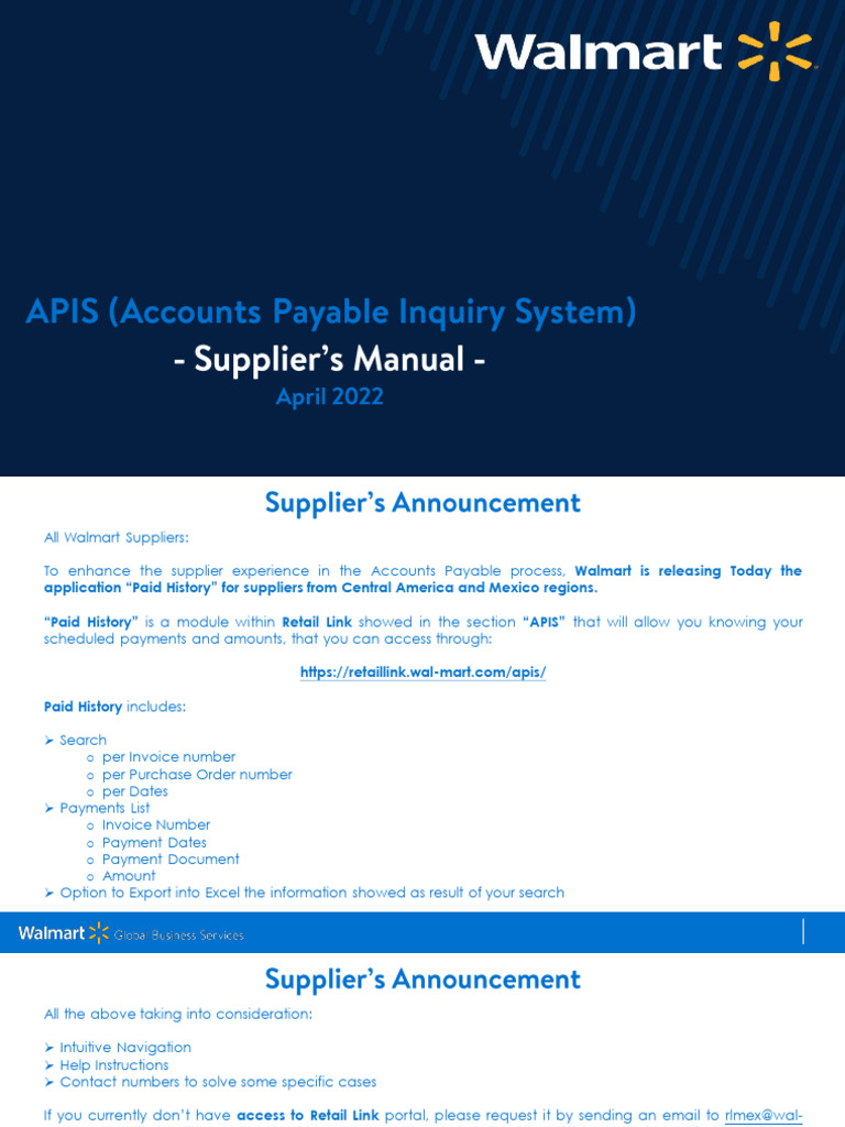 Walmart EBS LA MX & CAM - Supplier Manual For Retail Link - APIS Paid History 2022 | PDF ...