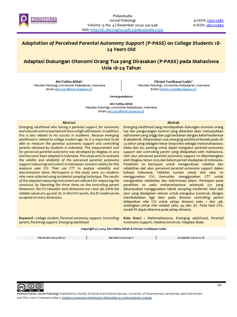 Adaptation of Perceived Parental Autonomy Support | PDF
