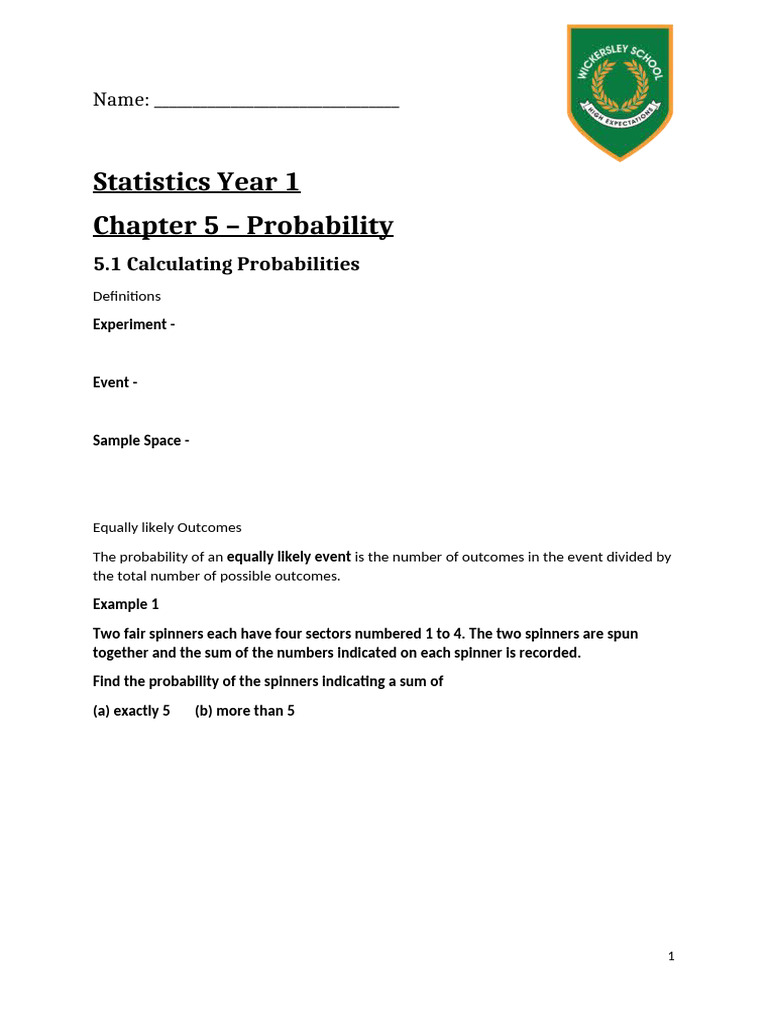 Statistics Year 1 Chapter 5 Booklet | PDF | Probability | Probability ...