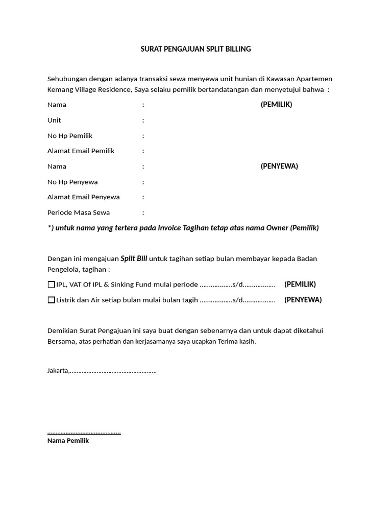 Surat Pengajuan Split Billing | PDF