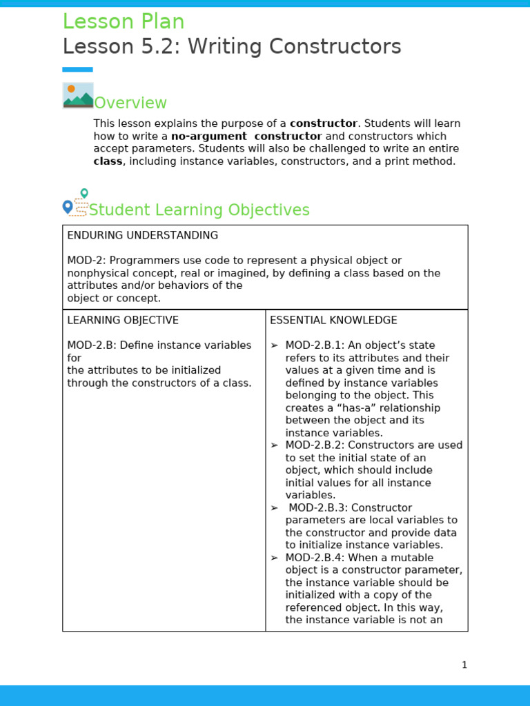 Unit 5 Lesson 02 Writing Constructors Lesson Plan | PDF | Constructor ...