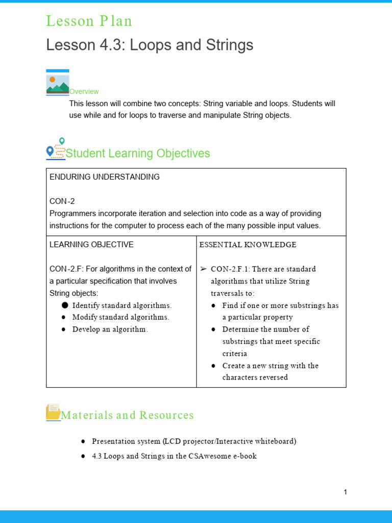 Unit 4 Lesson 03 Loops and Strings Lesson Plan | PDF | String (Computer Science) | Control Flow