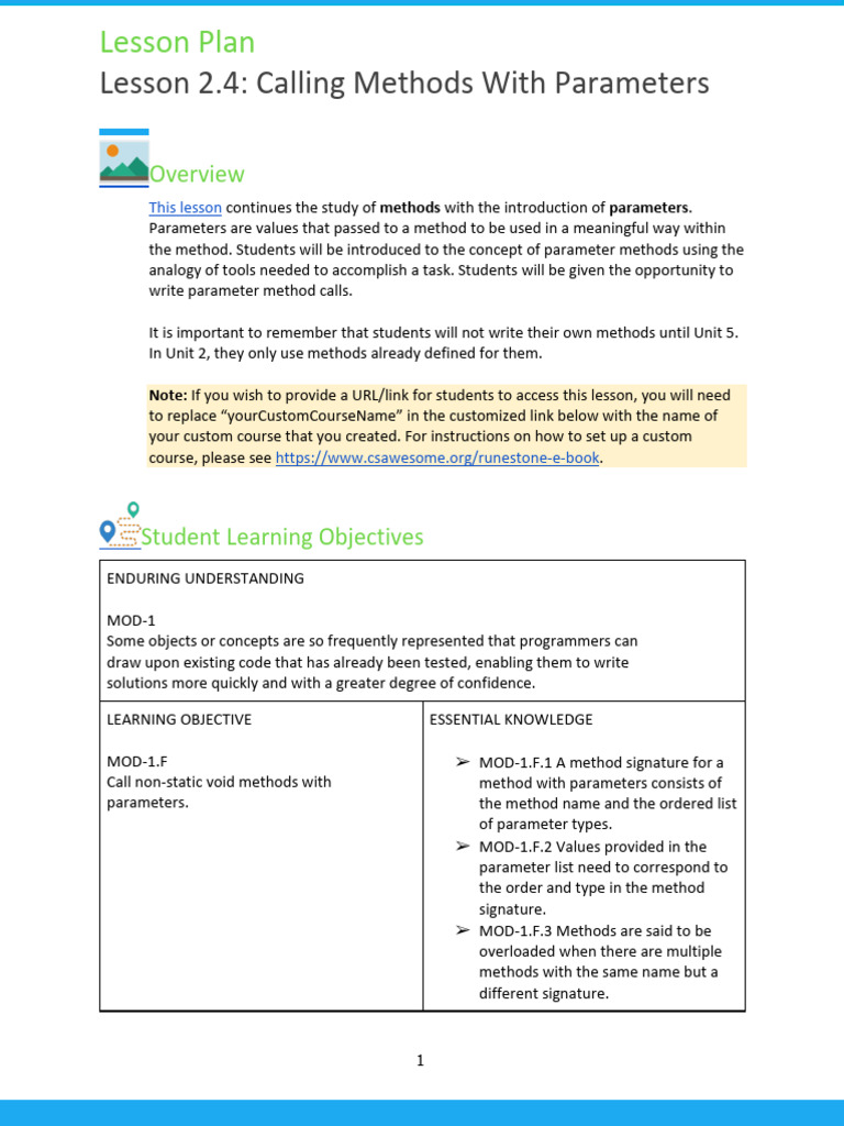 Unit 2 Lesson 4 Calling Methods With Parameters Lesson Plan Pdf Parameter Computer