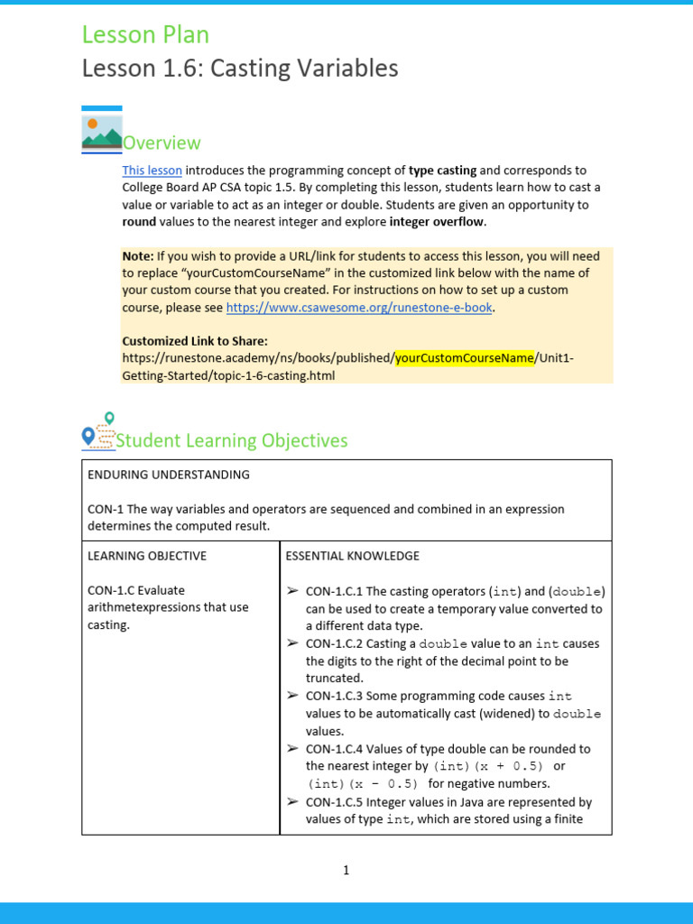 Unit 1 Lesson 6 Casting Variables Lesson Plan | PDF | Integer (Computer Science) | Variable ...