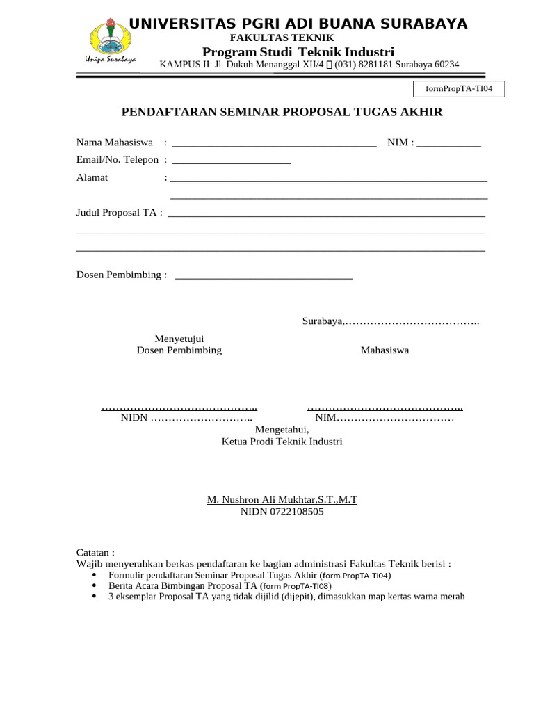 Pendaftaran Seminar Proposal TA Teknik Industri | PDF