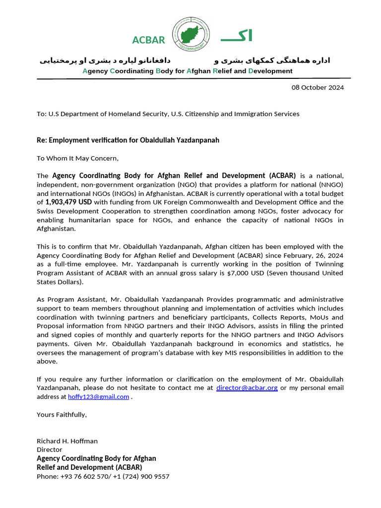 Obaidullah ACBAR's Employment Letter | PDF | Non Governmental Organization