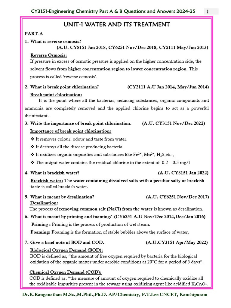 CY3151 Engg. Chemistry Unit-1 Q & a 2024-25 Unit-1 Dr.K.R Final Copy | PDF | Ion Exchange ...