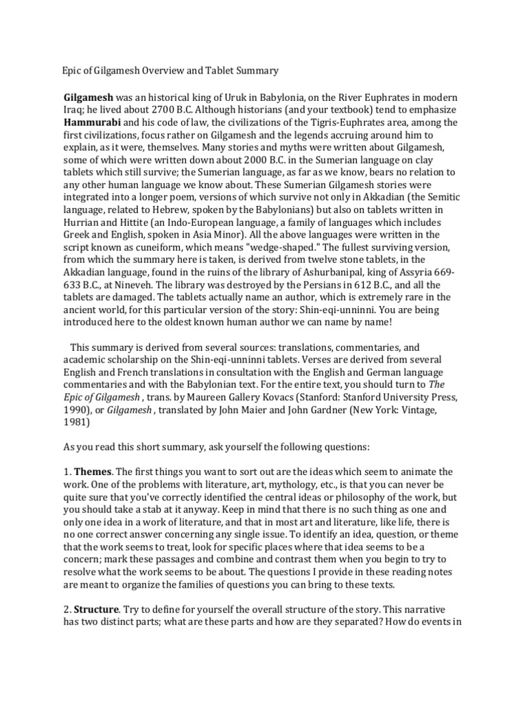 Epic of Gilgamesh Overview and Tablet Summary | PDF | Mesopotamian ...