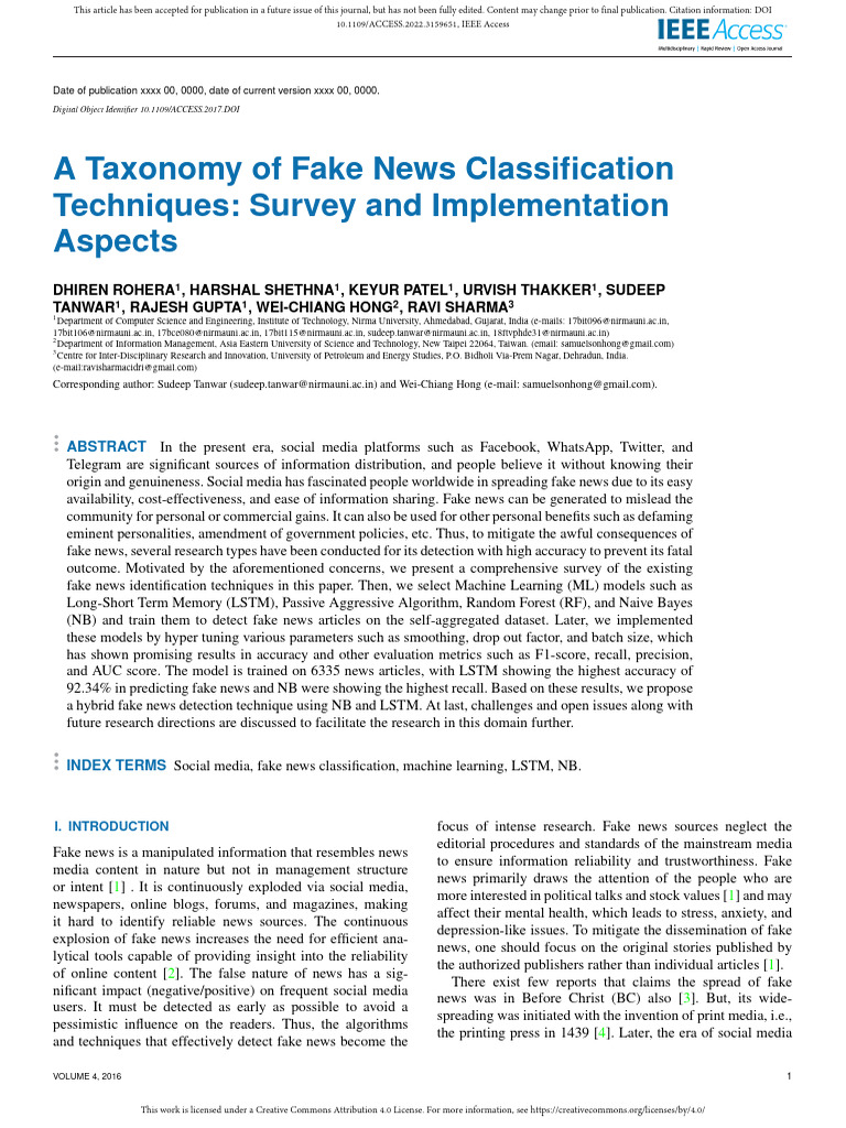 A Taxonomy of Fake News Classification Techniques Survey and ...