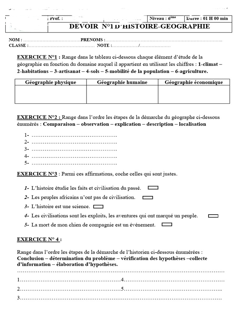 Devoir H.G N°1 6ème | PDF