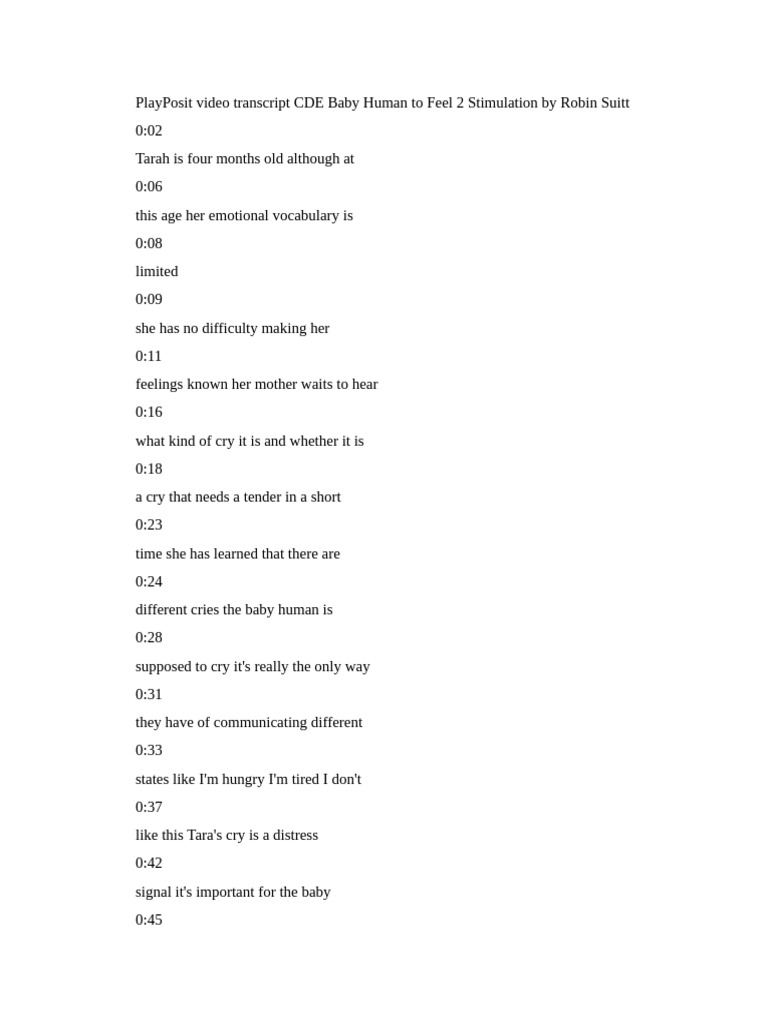 PlayPosit Video Transcript CDE Baby Human To Feel 2 Stimulation by Robin Suitt | PDF | Infants ...
