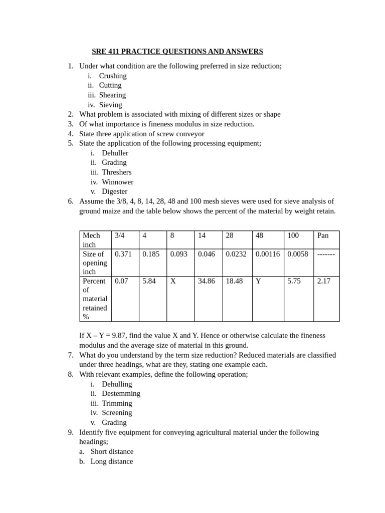 Sre 411 Practice Questions and Answers | PDF | Mill (Grinding)