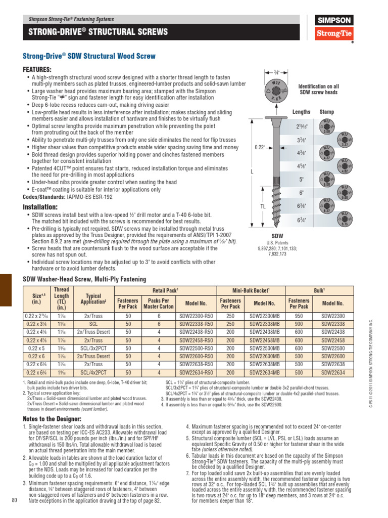 Strong-Drive® SDW Structural Screws | PDF | Screw | Truss