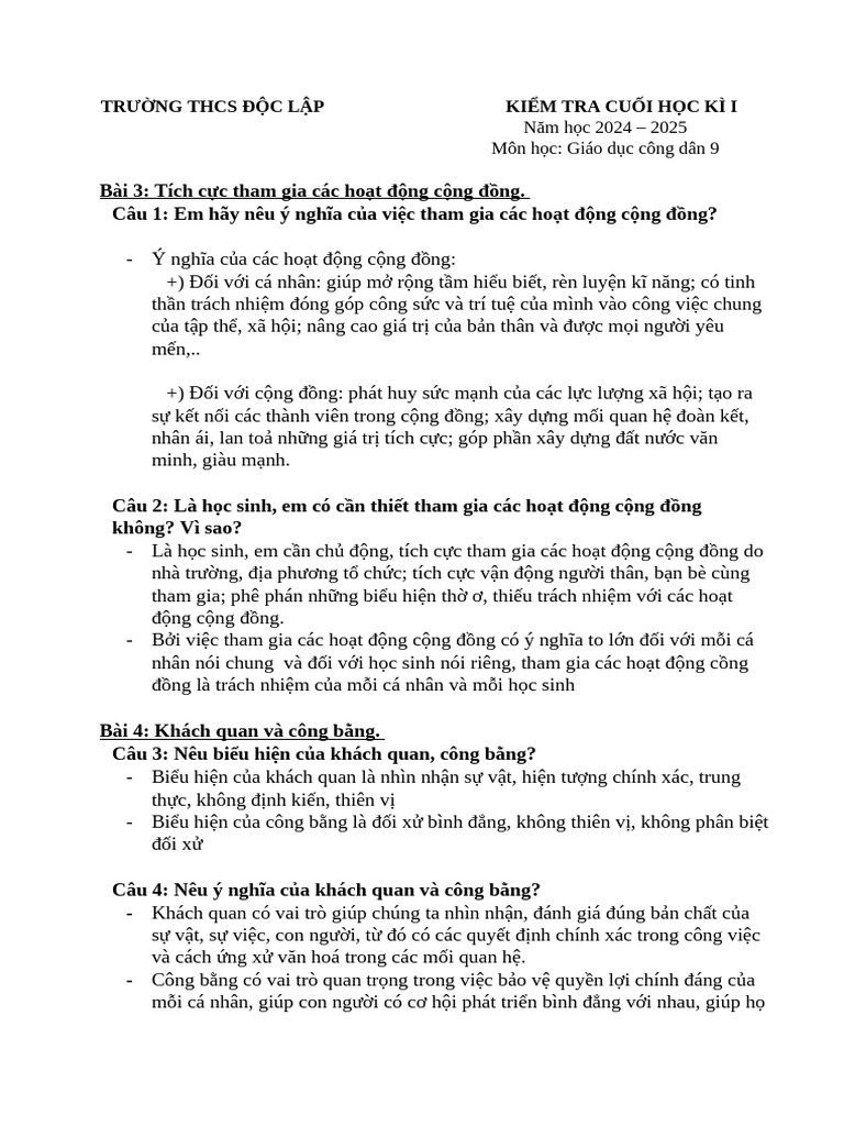 GDCD CUỐI KÌ 1 | PDF