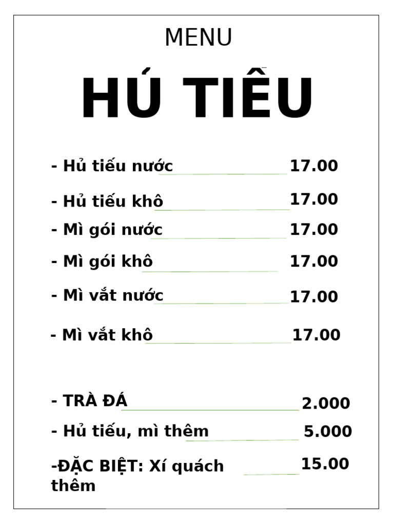 Menu Hủ tiếu gõ | PDF