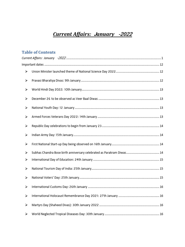 Monthly Current Affairs January 2022 English | PDF