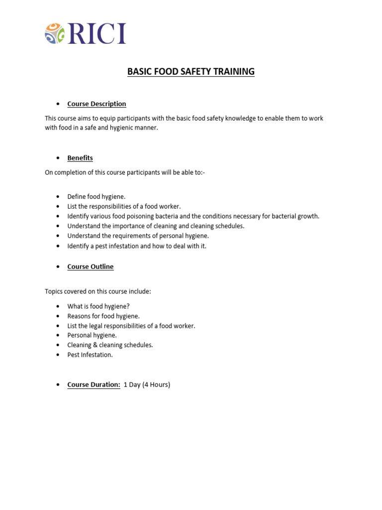 Basic Food Safety Training Course | PDF