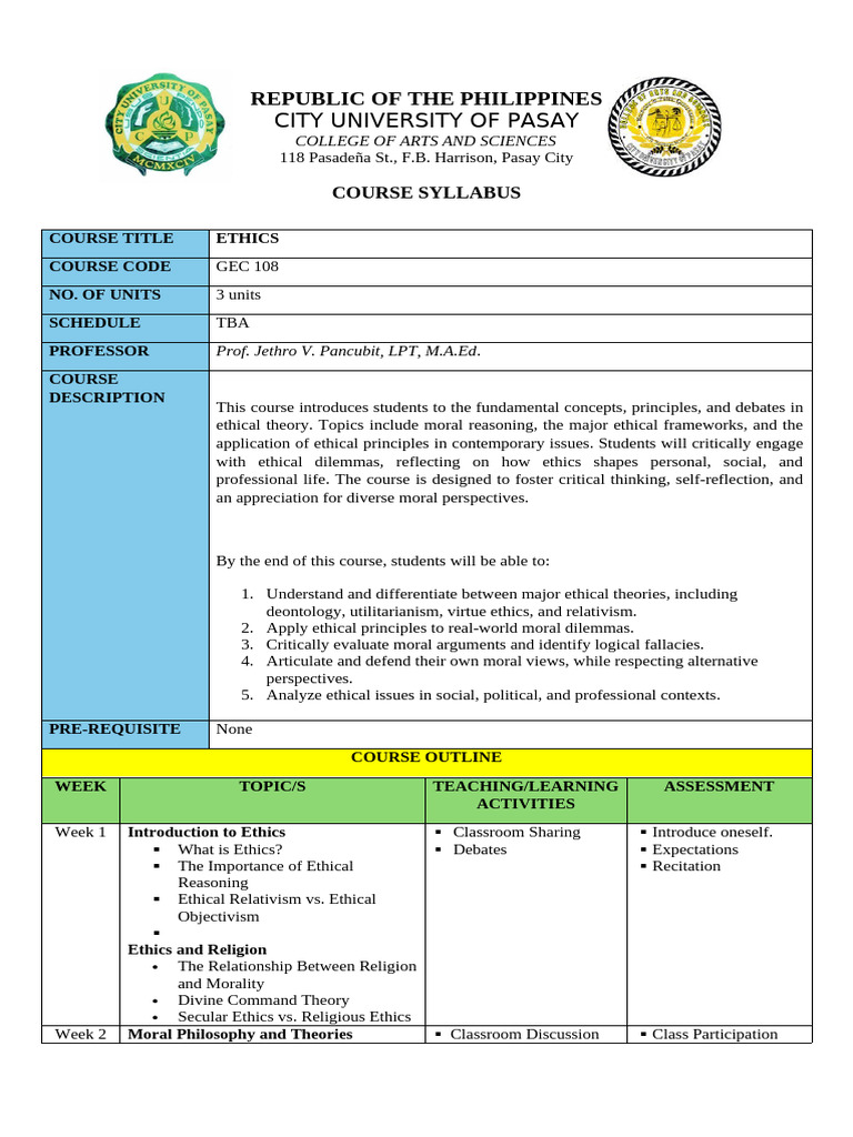 Course Syllabus in Ethics GEC 108 | PDF | Virtue Ethics | Utilitarianism