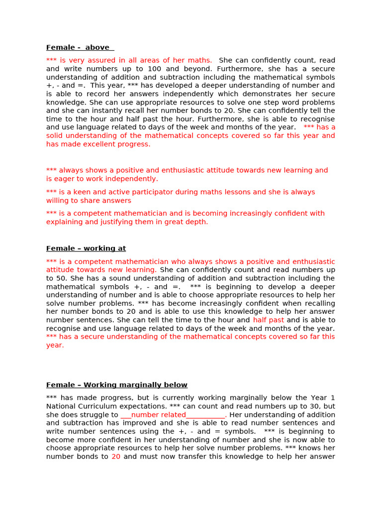Maths - Female Report Comments Year1 | PDF | Mathematics | Numbers