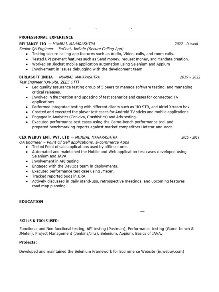 Senior QA Engineer Resume - Mumbai | PDF