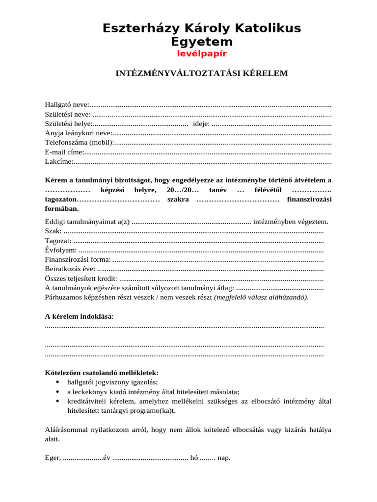 Intézményváltoztatási Kérelem | PDF