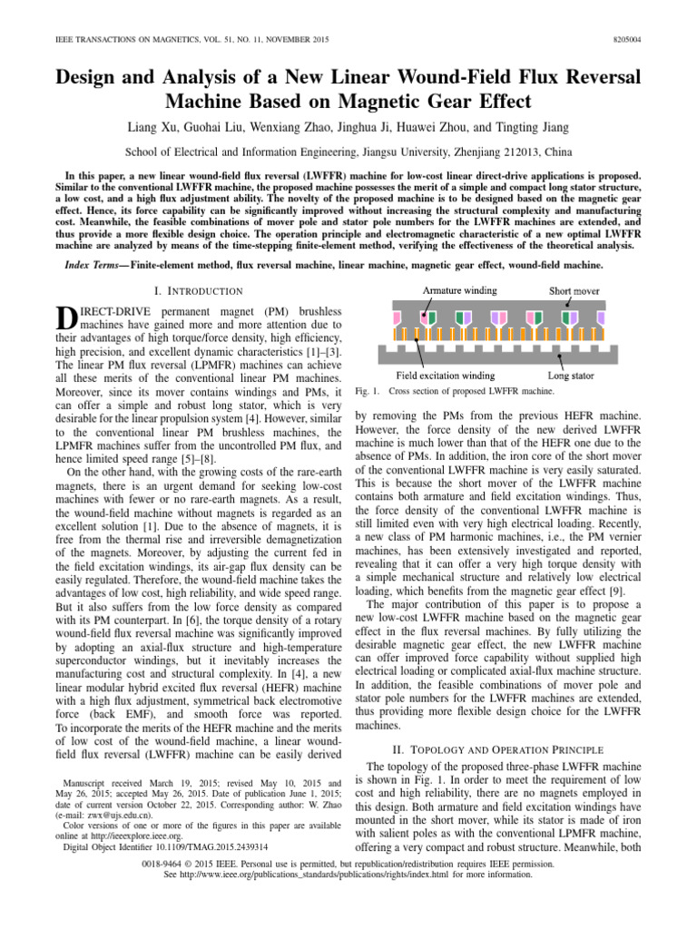 Design and Analysis of A New Linear Wound-Field Flux Reversal Machine ...