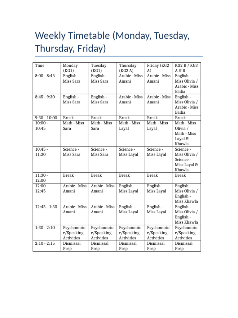Weekly Timetable With Days and Sections | PDF