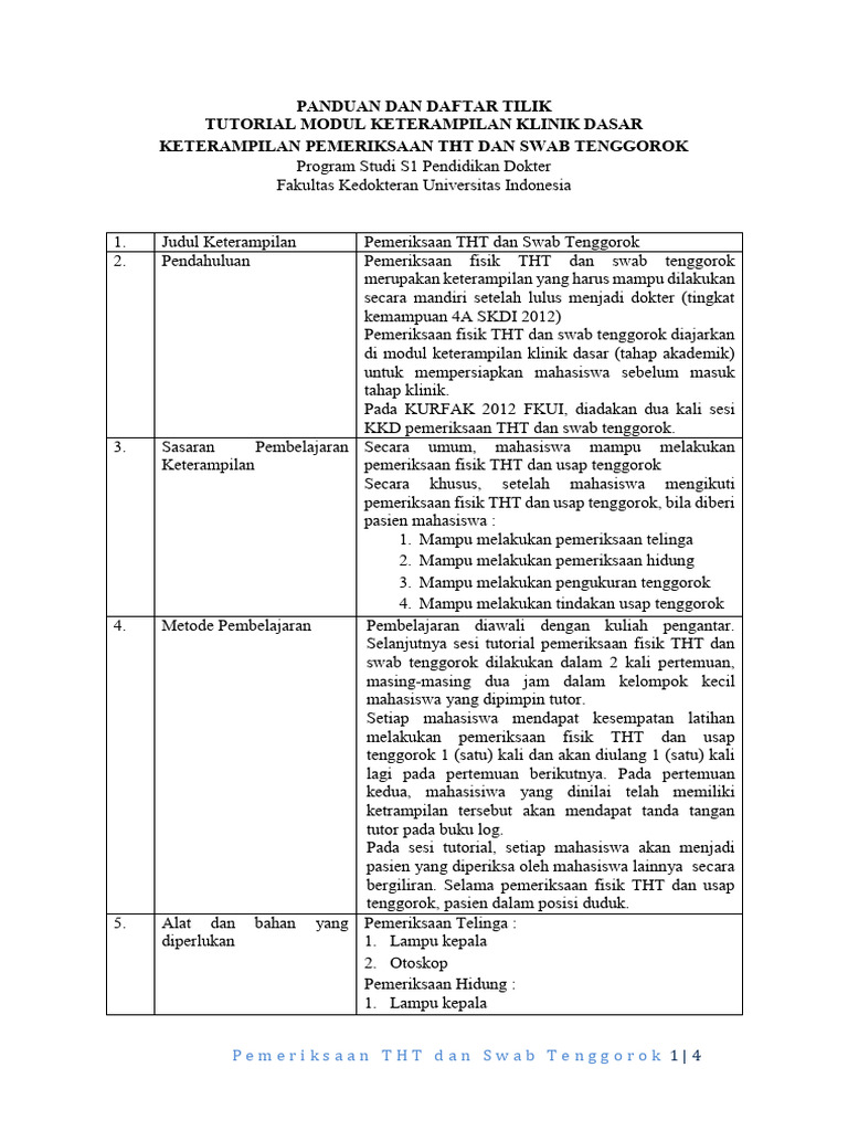 Panduan Dan Daftar Tilik Pemeriksaan THT | PDF