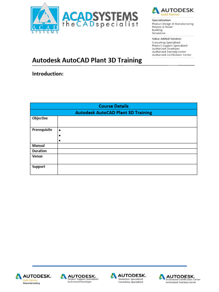 Autodesk AutoCAD Plant 3D Training Syllabus | PDF