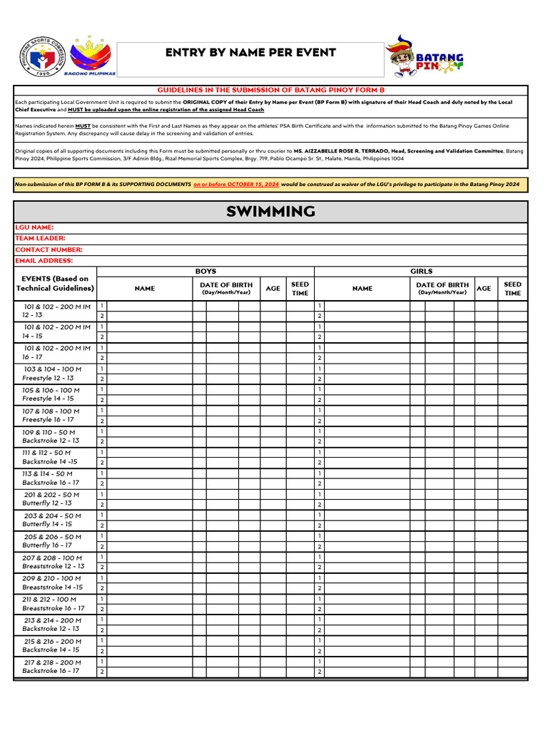 Swimming Form Band Entry Form 2024 | PDF | Swimming (Sport) | Outdoor ...