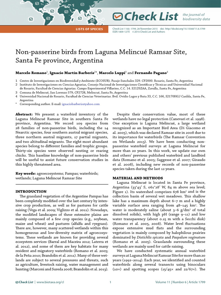 Non-Passerine Birds From Laguna Melincué Ramsar Site, Santa Fe Province ...