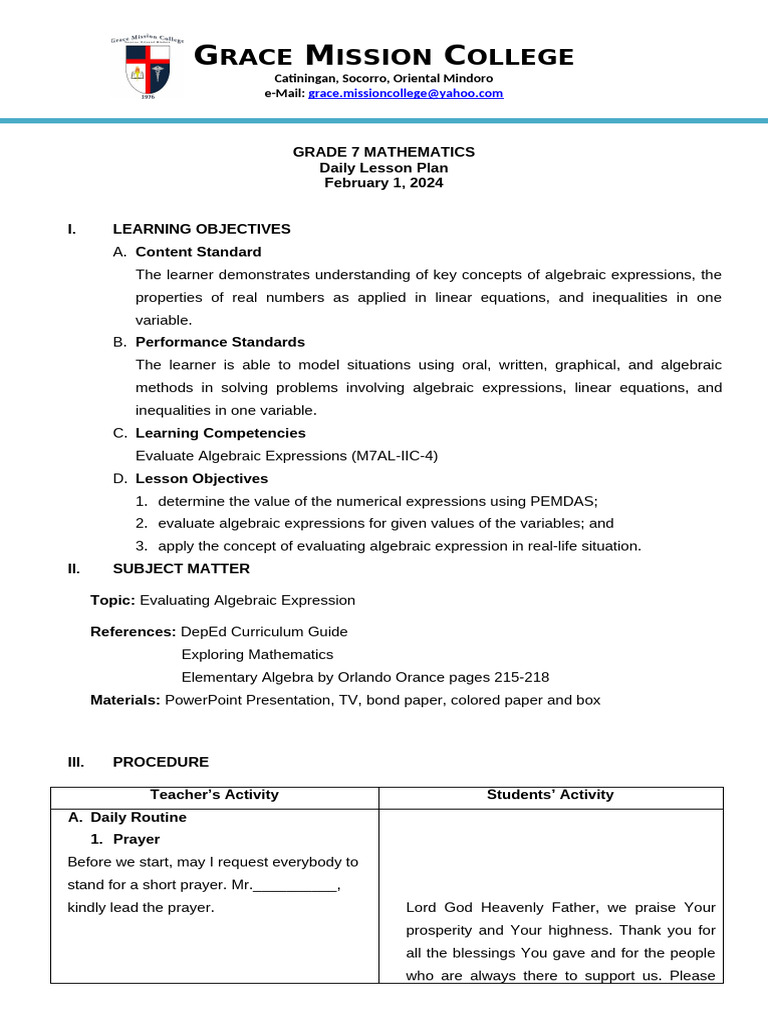 Detailed Lesson Plan Format | PDF | Polynomial | Equations
