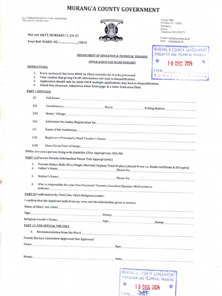 Muranga County Bursary Application Form | PDF