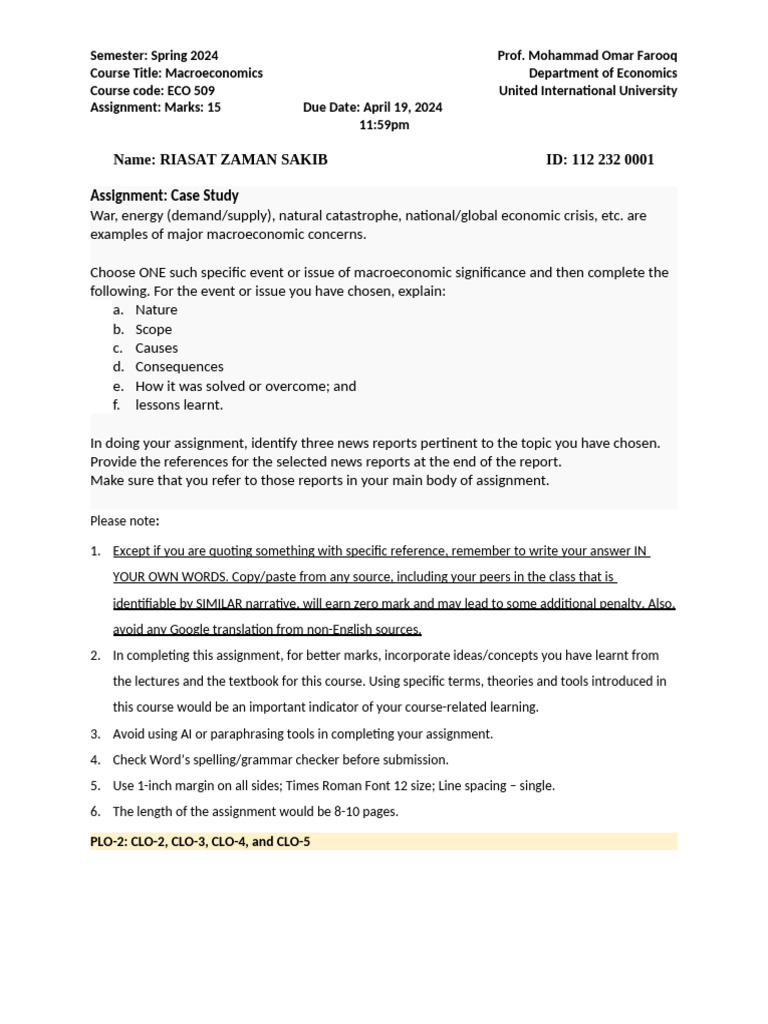 Riasat Zaman Sakib Econ 509 Assignment | PDF | Fiscal Policy | Inflation