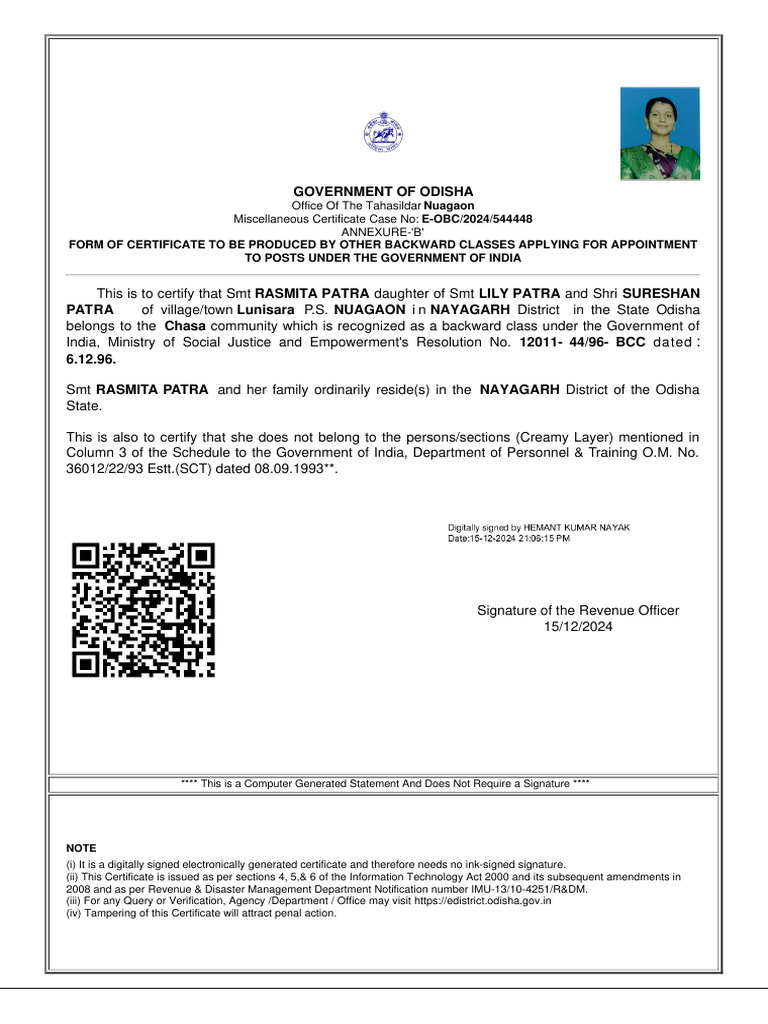 OBC Certificate for Government Jobs in Odisha | PDF