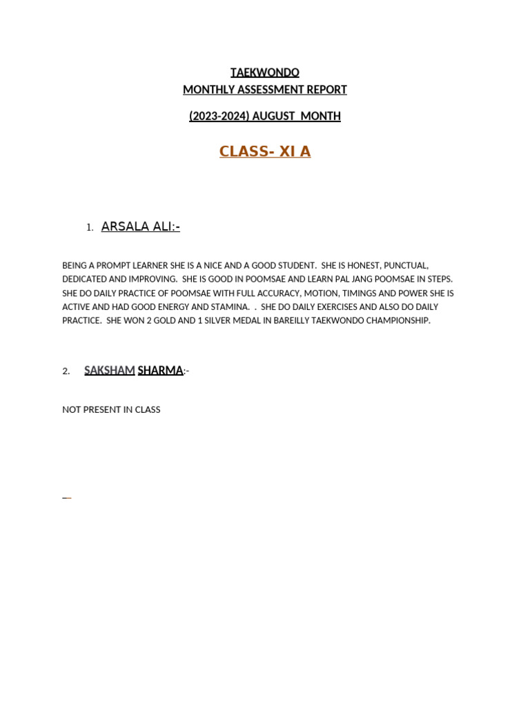 ? Monthly Report Class XI A | PDF