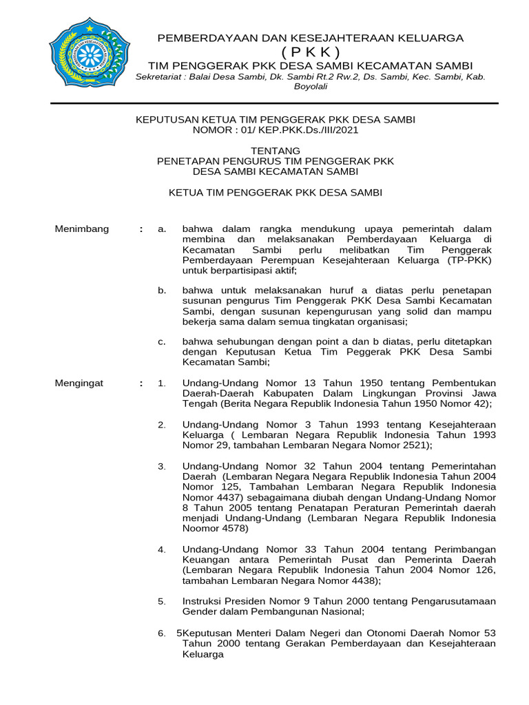 SK Pengurus PKK Desa Sambi 2023 | PDF