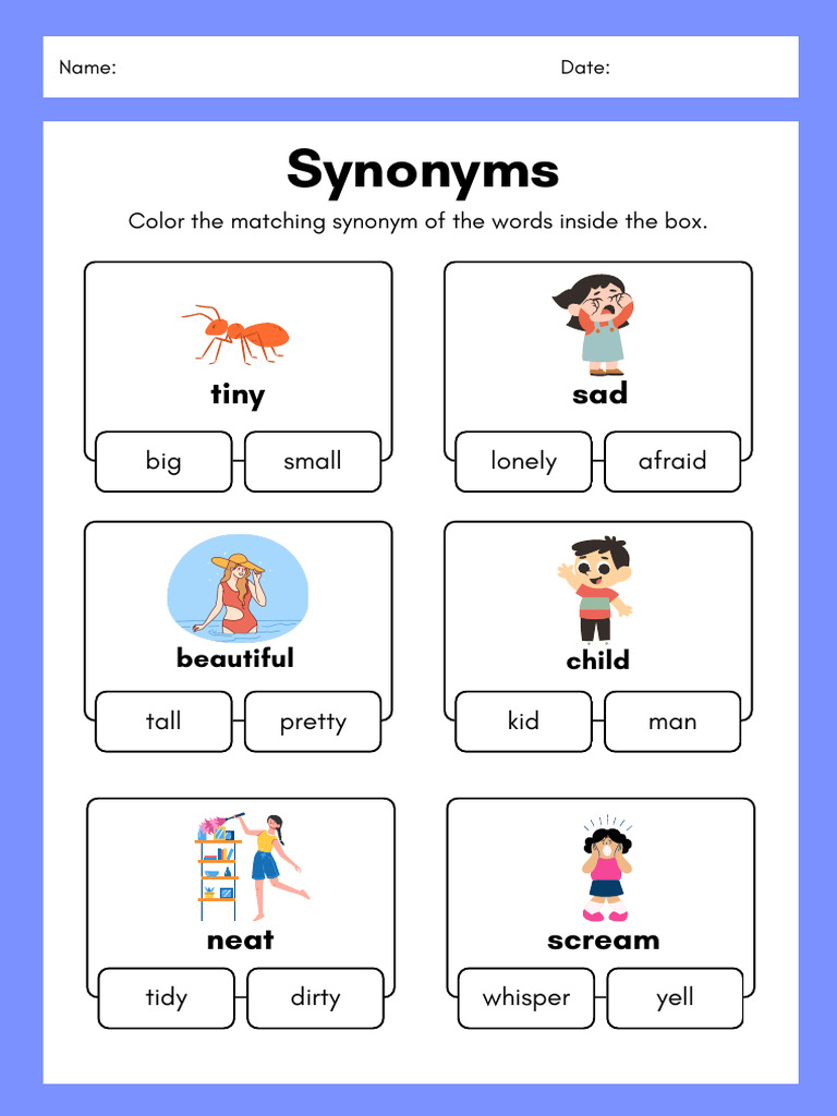 White and Blue Synonyms English Language Arts Worksheet | PDF