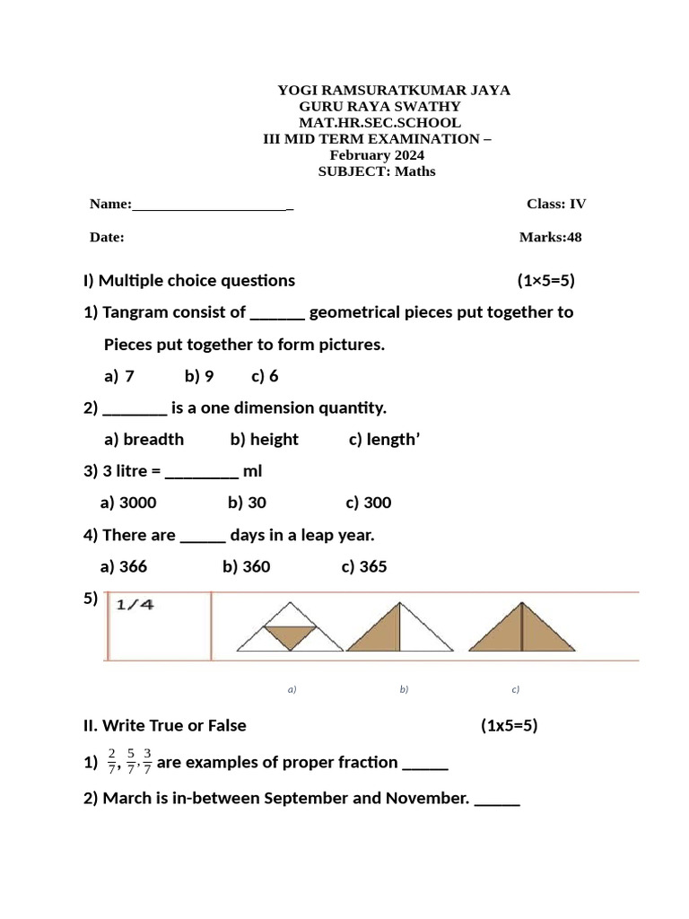 clas 4 maths paper term3 | PDF | Mathematics