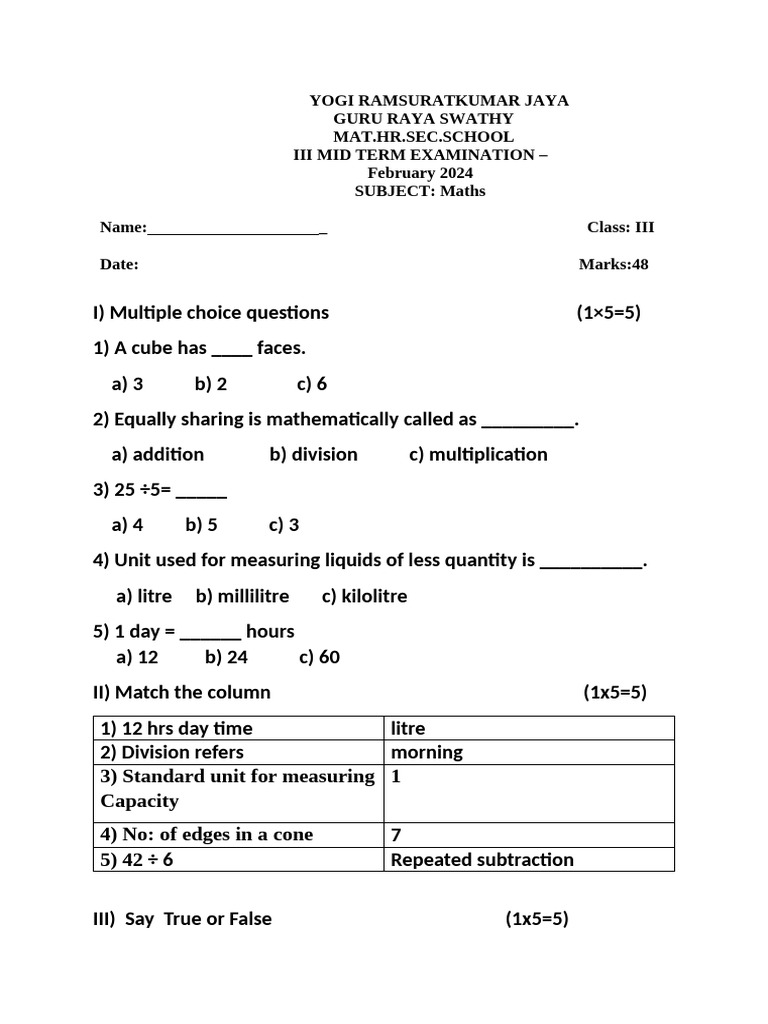 class 3 term 3 maths | PDF | Litre | Mathematics